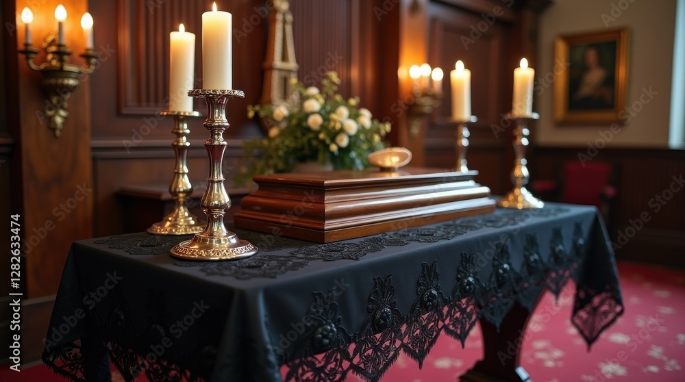 Sadness and prayer at a funeral with holy water and cross by the coffin ...