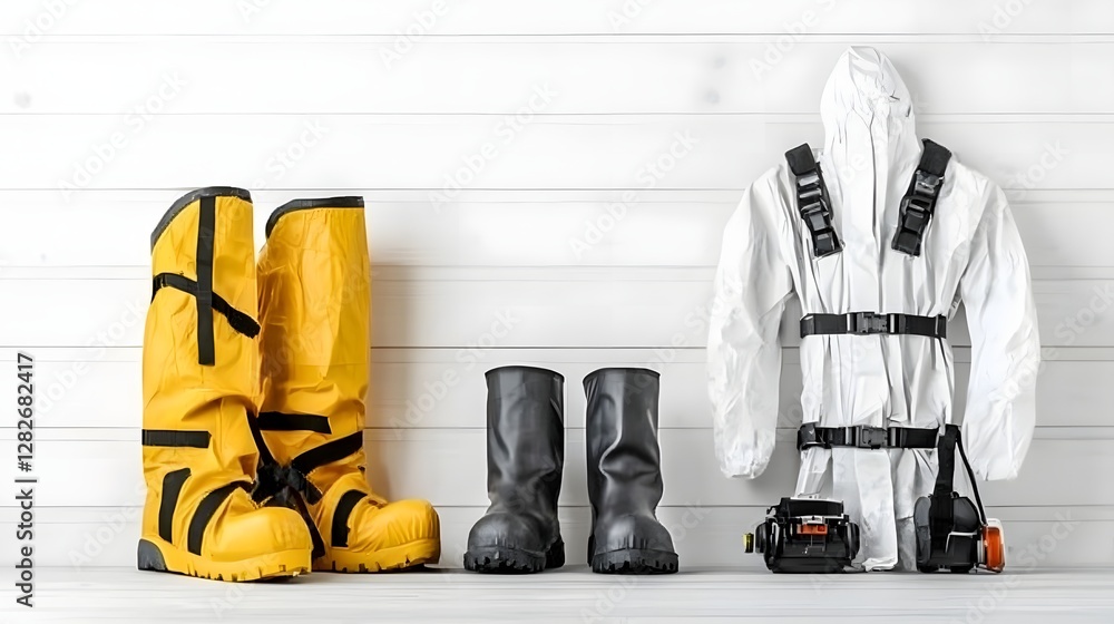 A set of chemical resistant gloves boots and a hazmat suit placed ...