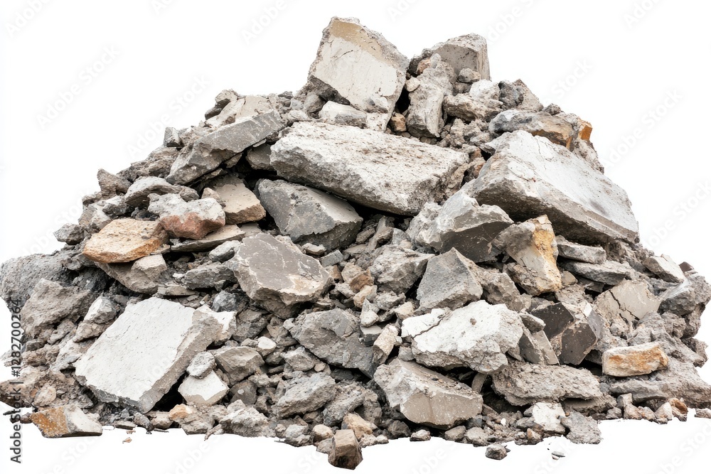 Demolition debris pile, isolated white background, construction waste ...