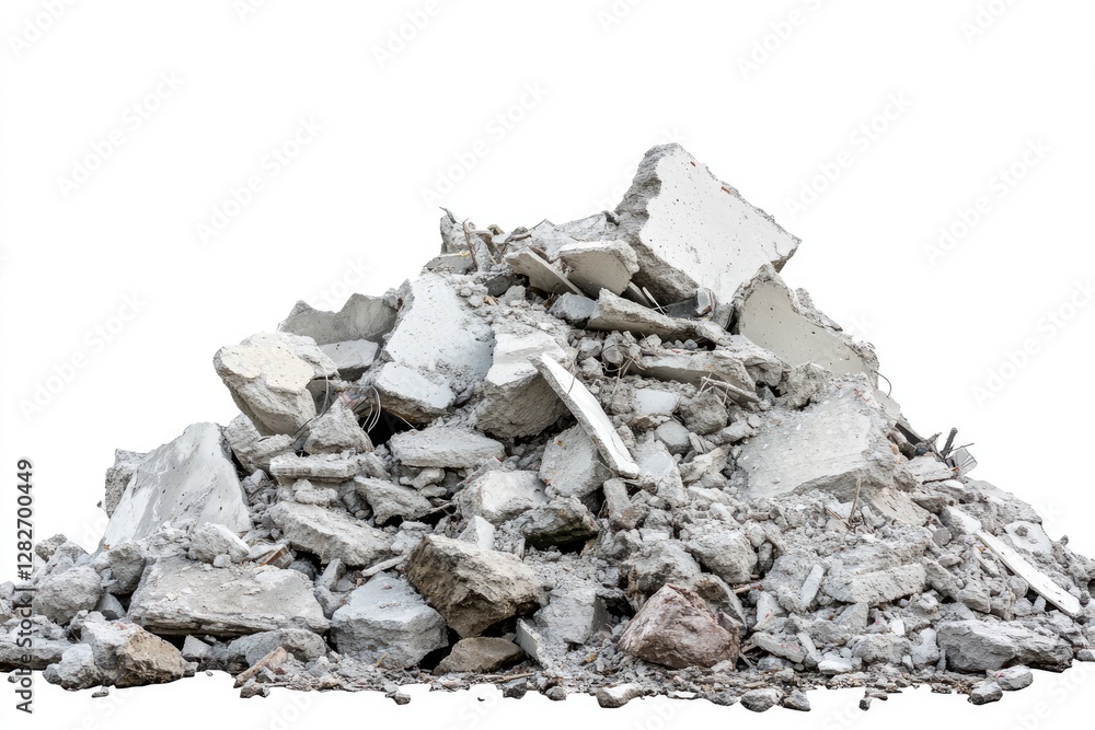 Demolition debris pile, isolated, white background, construction waste ...