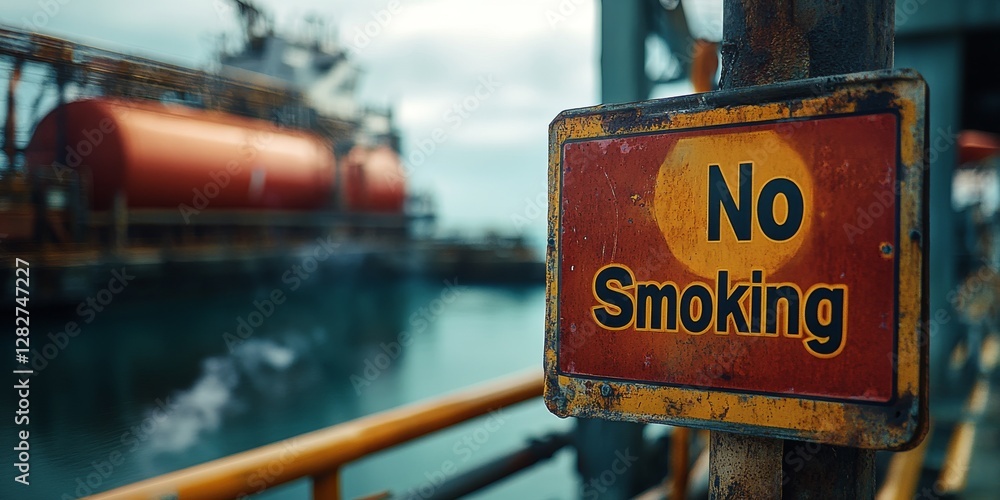 No smoking sign hanging on a tanker ship railing, preventing fire ...