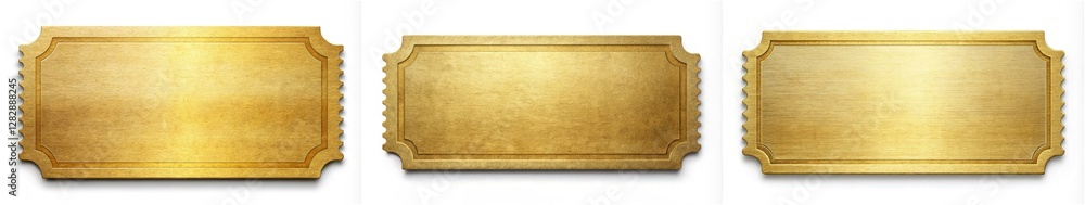 Three golden tickets with a shiny surface. The tickets are placed next ...