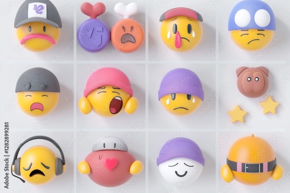 Brightly lit 3D render features a flat lay of nine sad face emojis ...