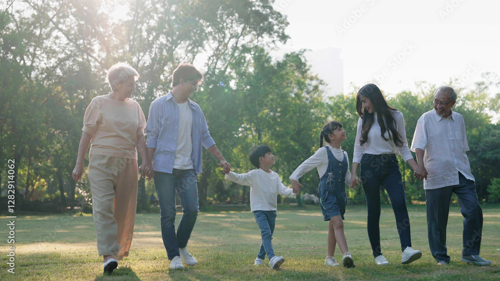 Happy big Asian family on summer walking together in the park, Multi ...