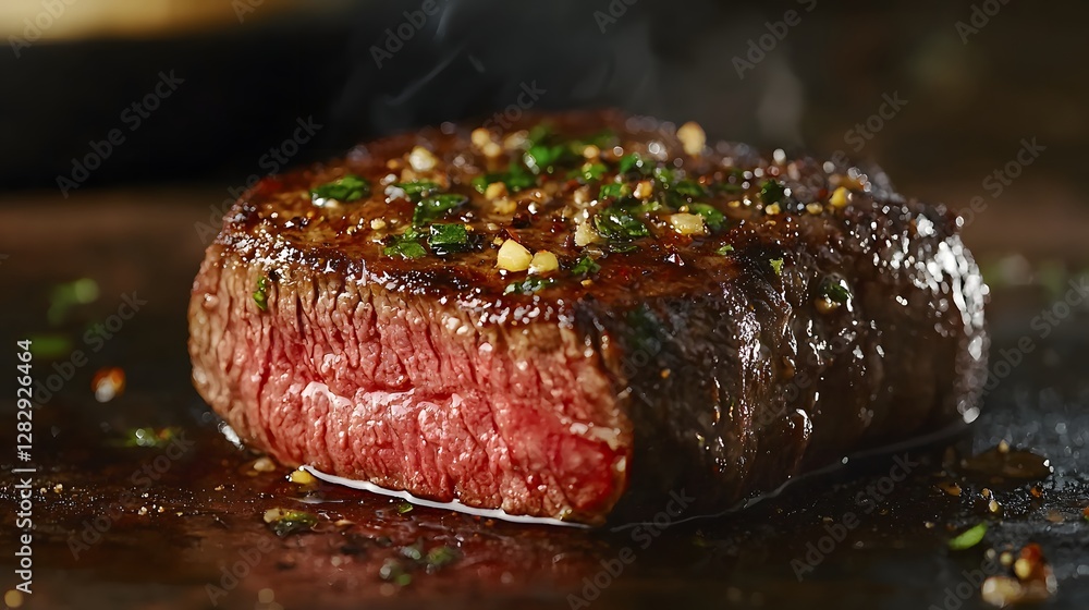 20. A garlic butter-infused steak sizzling on a hot, dark cast iron ...