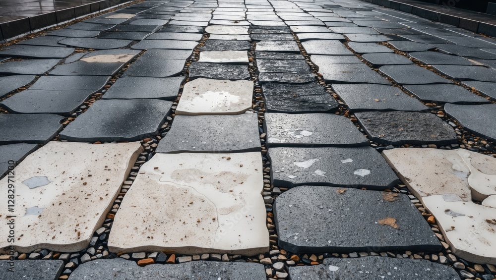 Paved sidewalk with irregular stone tiles of various textures and ...