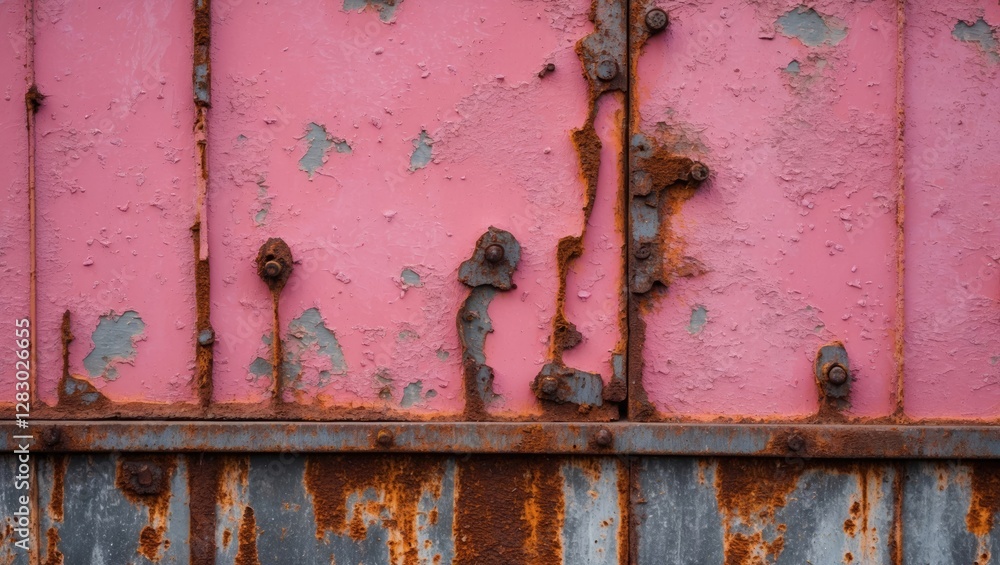 Rusty metal surface with pink paint peeling off revealing layers of ...
