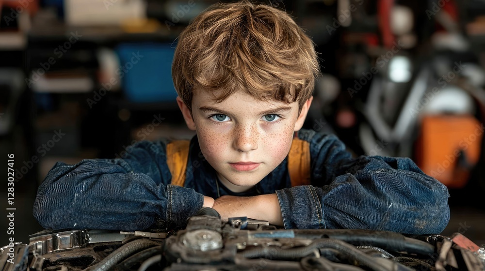 Young mechanic engaged in car repair garage workshop portrait ...