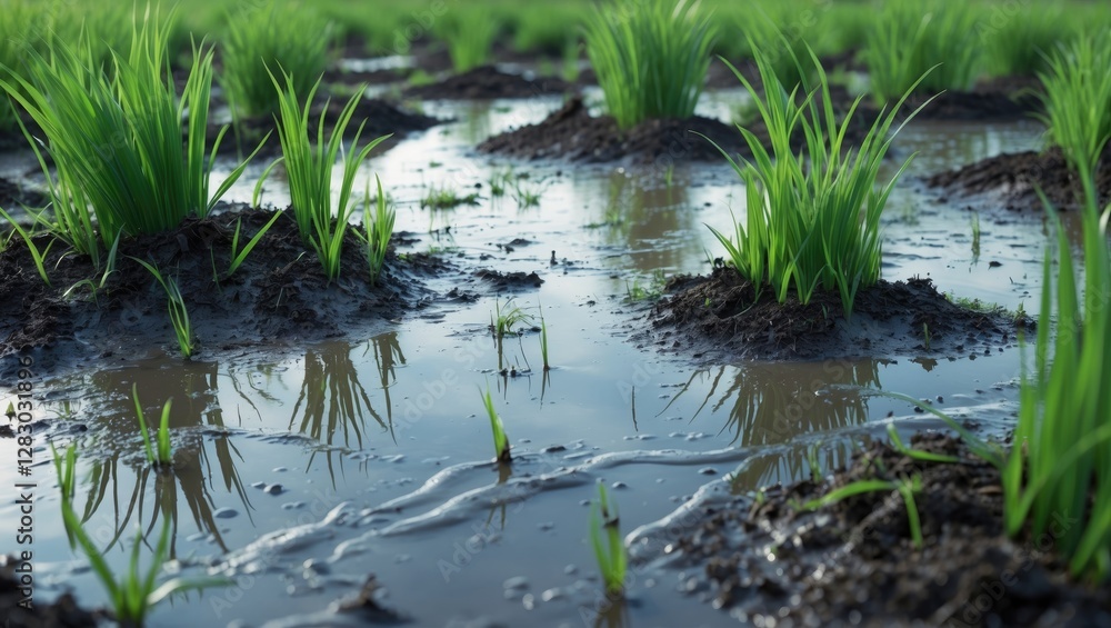 Rice paddy field with young green rice plants growing in flooded soil ...