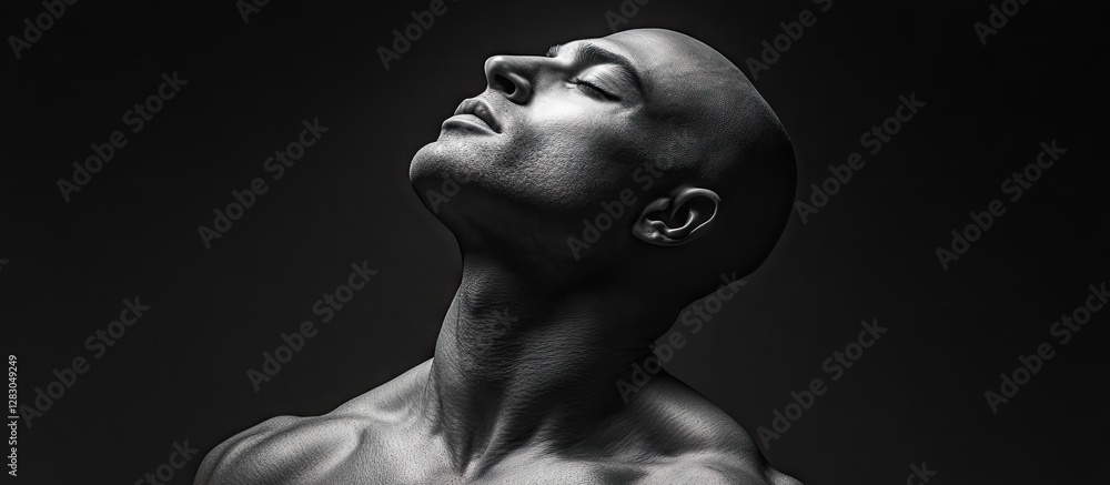 Bald male model poses confidently in a shirtless monochromatic portrait ...