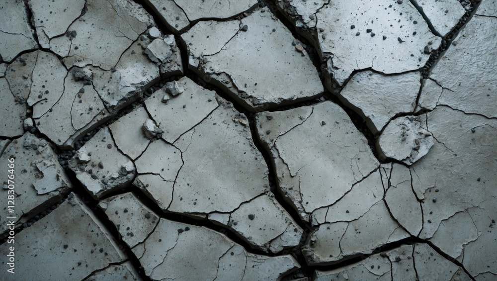 Cracked dry earth texture surface with fissures and small debris ...