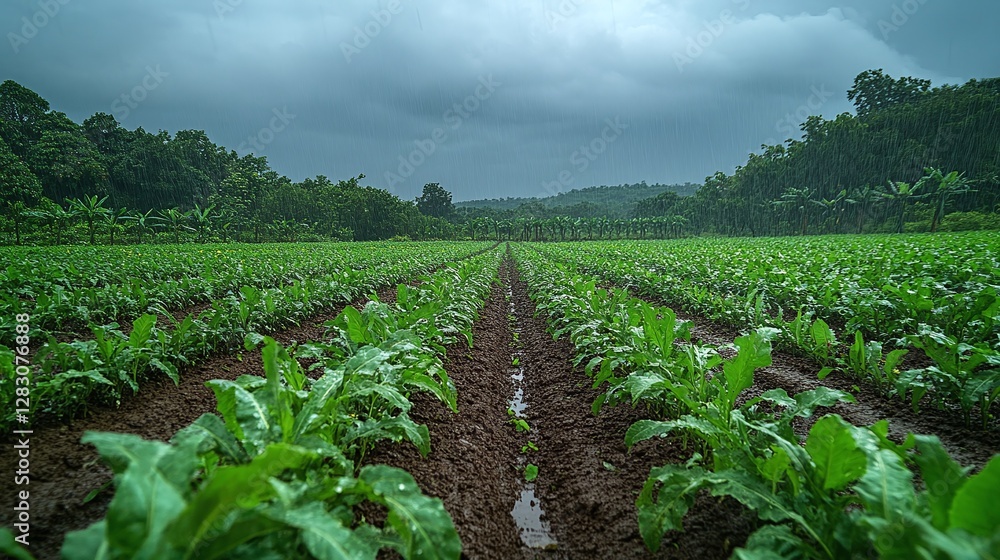 rainfall on a green agricultural field under a cloudy sky with crops ...