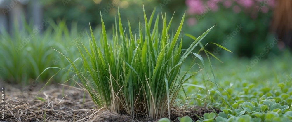 Green grass clump in a garden with blurred background flowers and ...