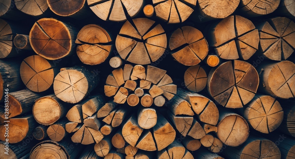 Wood log cross-sections stacked in an organized pattern showcasing ...