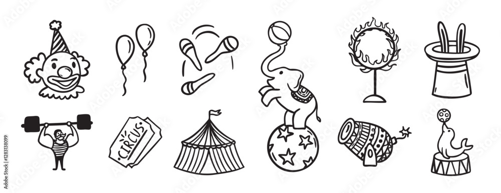 Circus doodle hand drawn icon set. Outline drawing circus line clipart ...