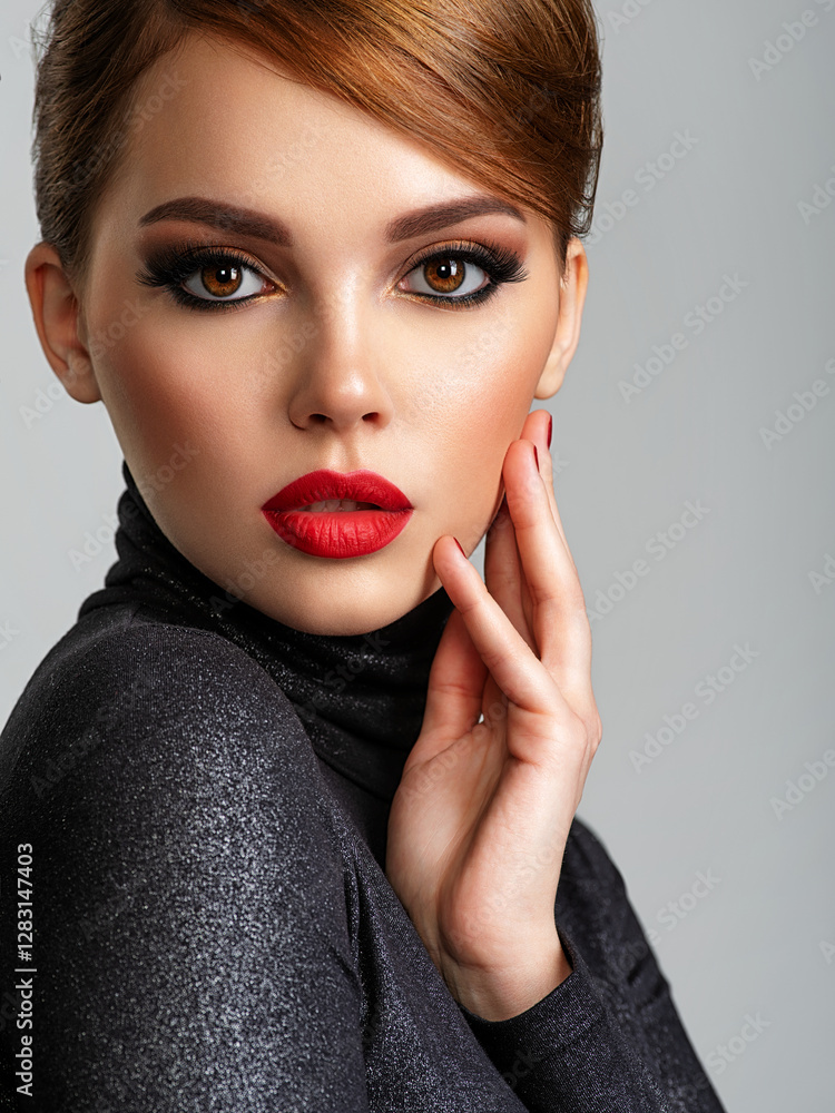 Beautiful girl with red lips and short hair. Pretty face of an young ...