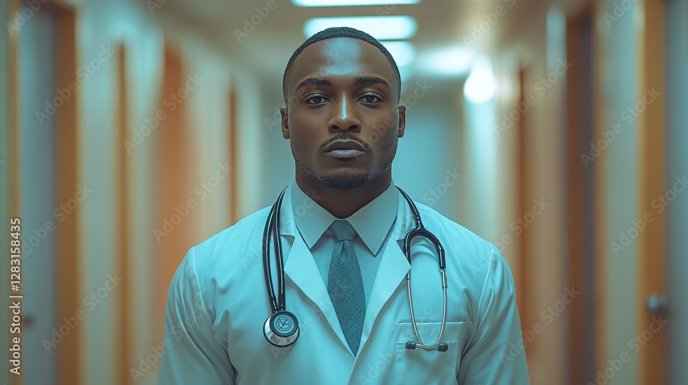 black physician young and handsome in white uniform with stethoscope ...