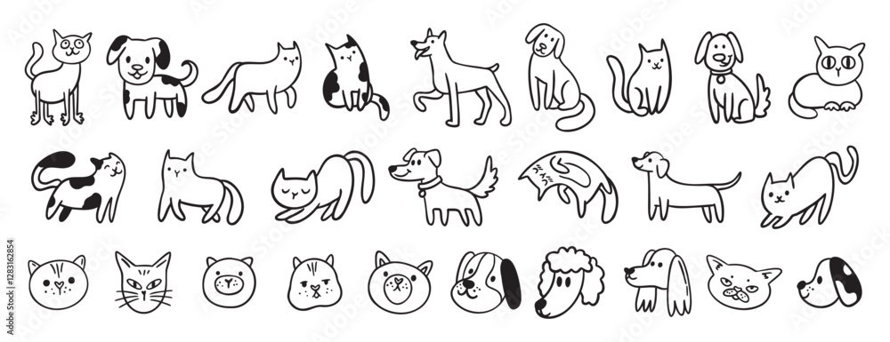 cute dogs and cats doodle hand drawn icon set. Sitting, standing ...