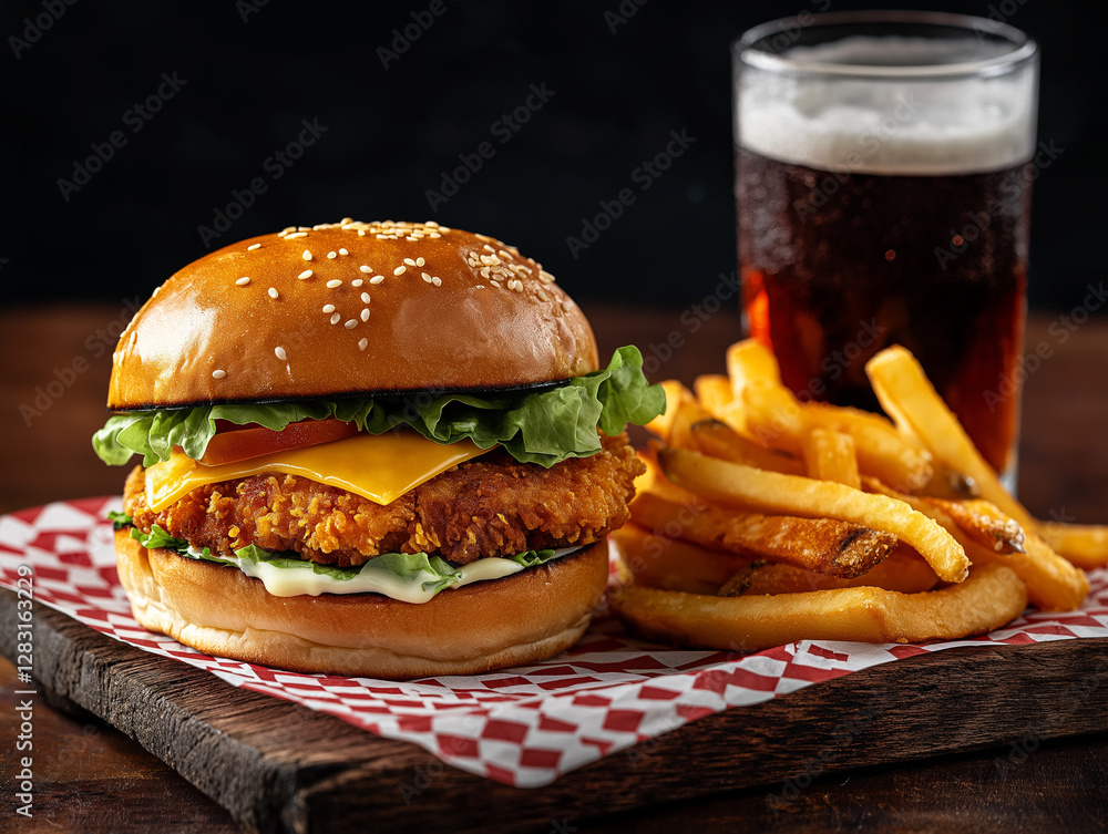 chicken burger combo featuring a chicken cheese burger, served ...