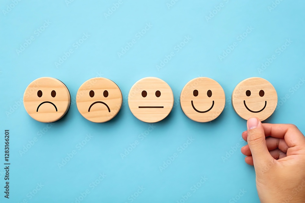 Wooden emojis feedback customer satisfaction survey choice sad icon ...