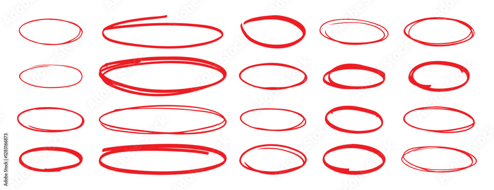 red pen hand drawn doodle marks, red circle and oval stroke set ...