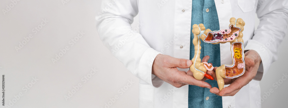 Стокове фото Anatomical intestines model with pathology in male hands ...