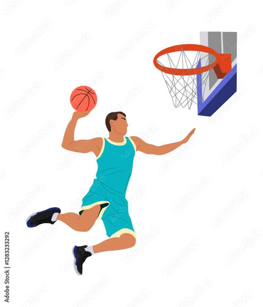Sports man jumping, professional basketball player with ball, basket ...