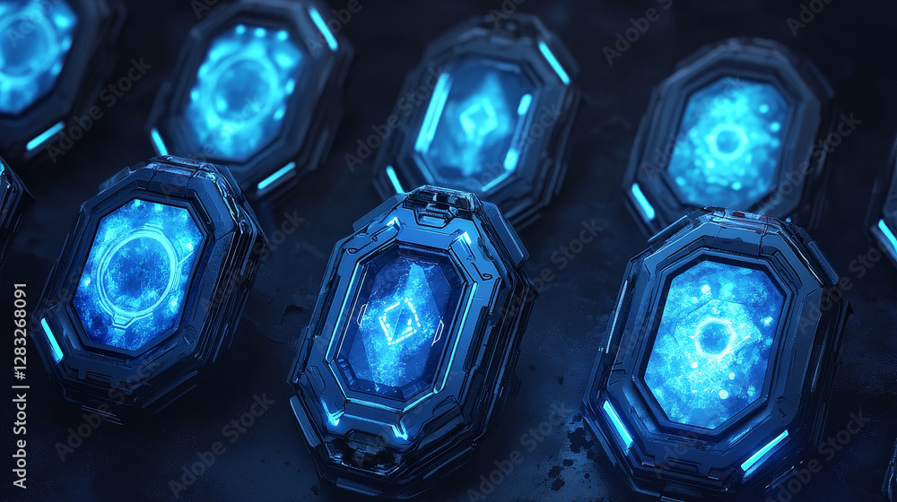 Futuristic badges with level number and experience points for game ui design. Vector cartoon ...