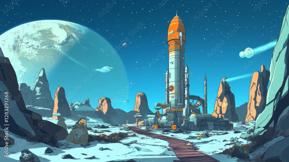 Outer space cartoon landing page, scientific station on alien planet ...