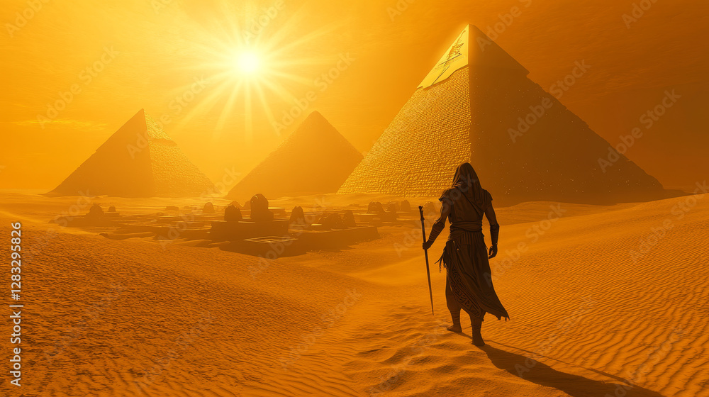 Ancient Egyptian pharaoh with rod in desert with pyramids. Vector ...