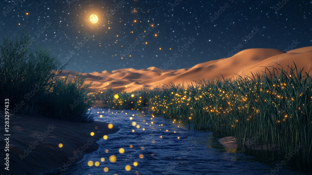 River flowing in night Sahara desert. Vector cartoon mountain ...