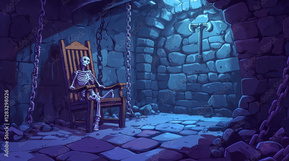 Medieval torture cell, cartoon illustration. Stone castle dungeon with ...