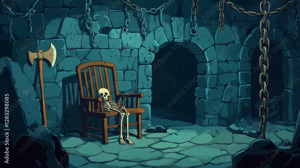 Medieval torture cell, cartoon illustration. Stone castle dungeon with ...