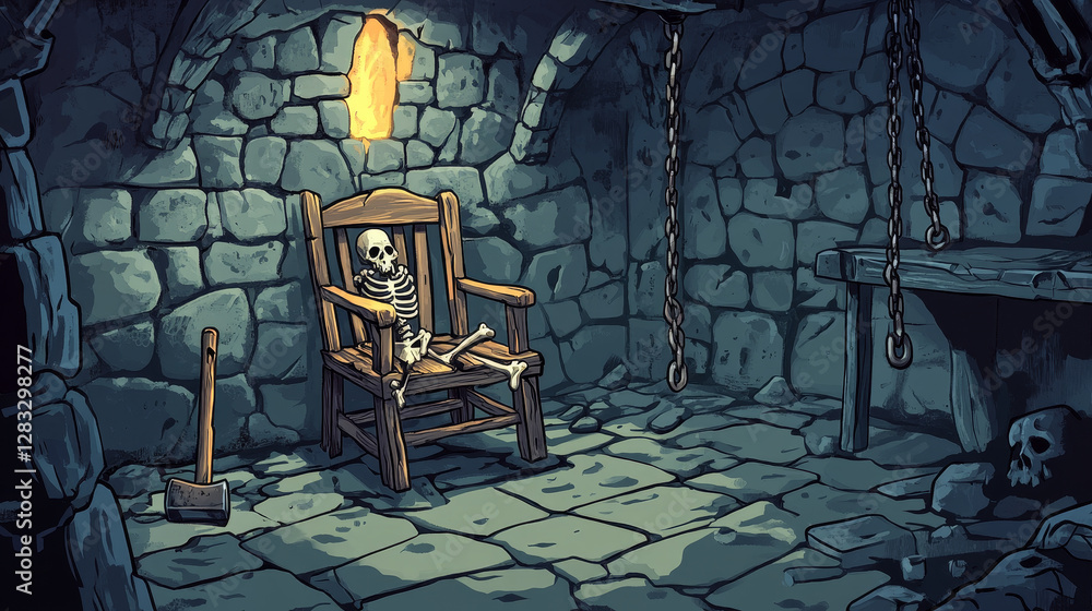 Medieval torture cell, cartoon illustration. Stone castle dungeon with ...