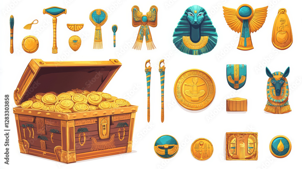 Ancient Egyptian treasure chest and gold coins. Game icons of closed ...