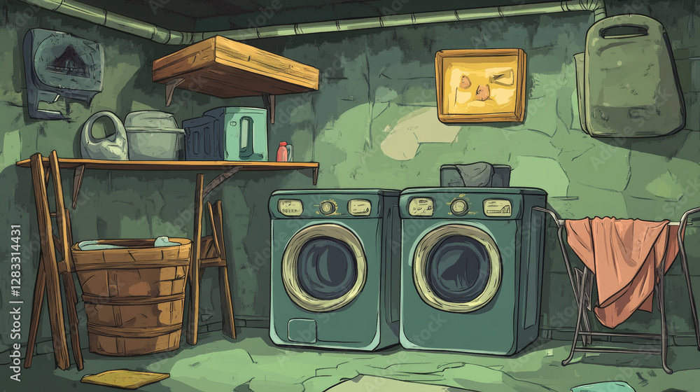 Old broken abandoned house basement room with damaged laundry equipment ...