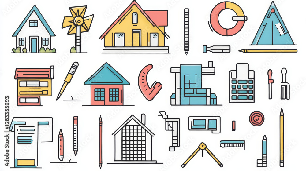 Set architect doodle icons, building project, compass, architecture ...