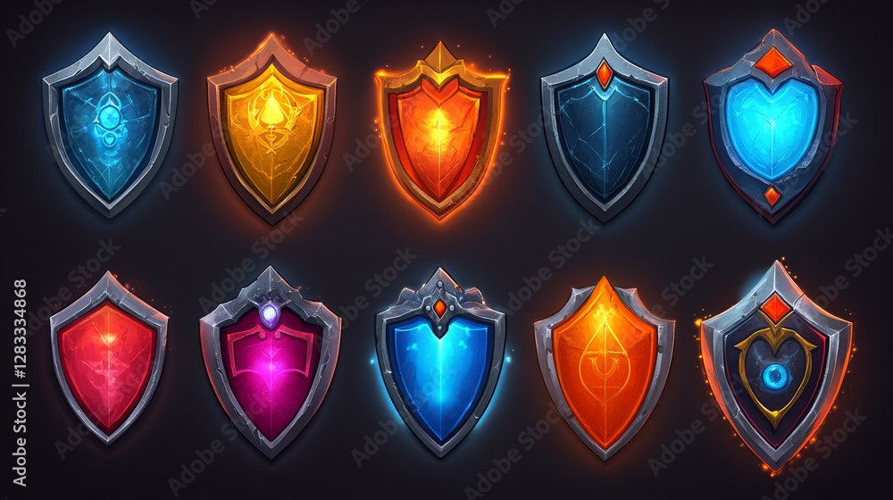 Ilustración de Stock Quiz game shield icon cartoon vector element set. Choose category hover or ...