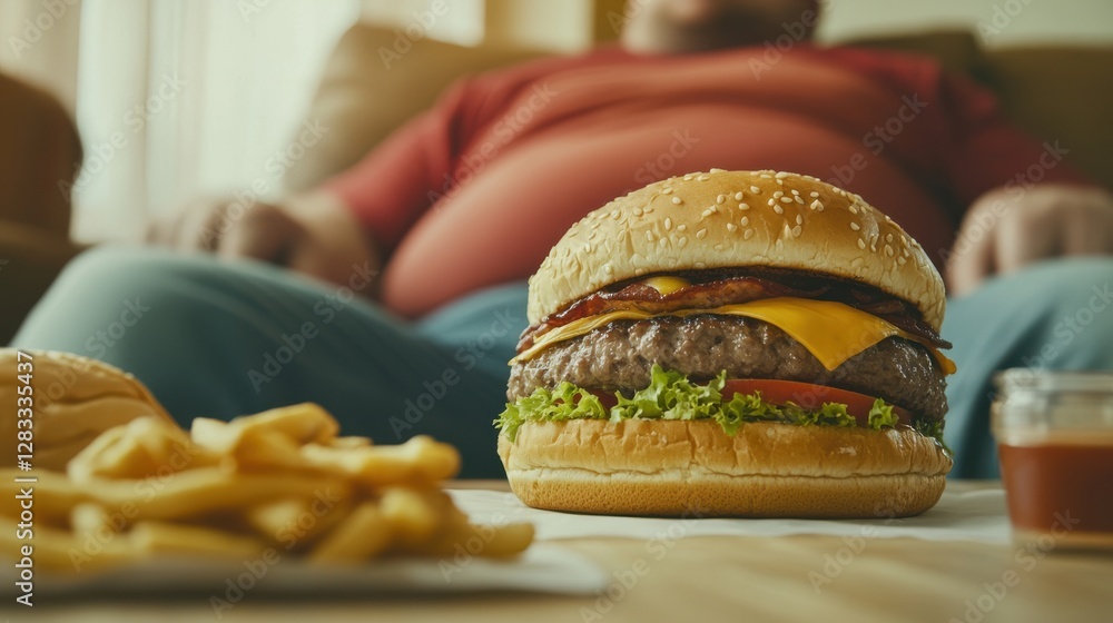 Fat man eating fast food hamberger. Breakfast for overweight person ...