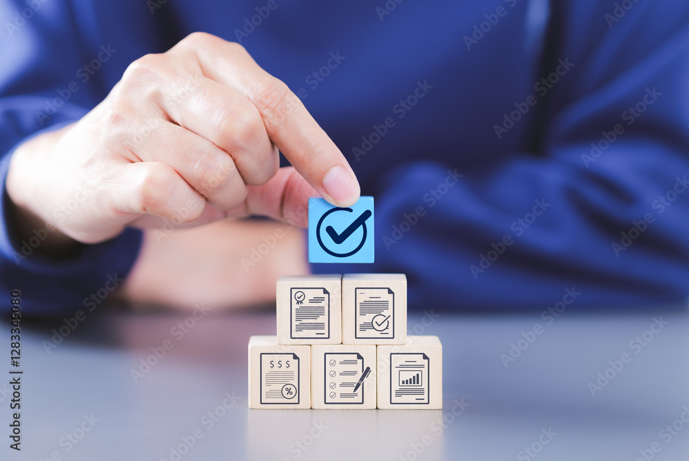 Document review process and quality control concept. Hand placing ...