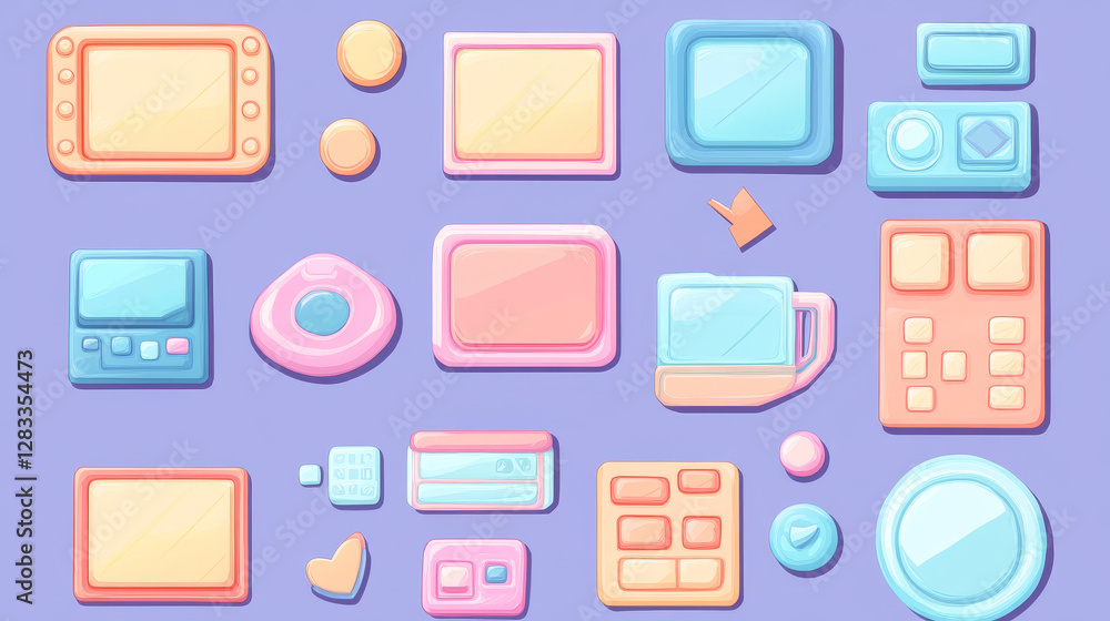 Pixel game UI elements set - control keys WASD, window frames, speech ...