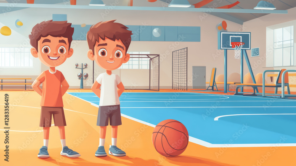 Two children boys in school gym ready for sports. Cartoon vector kids ...