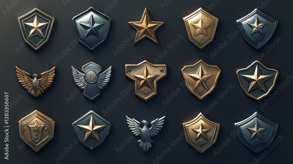 Set of military game rank badges isolated on background. Vector cartoon ...
