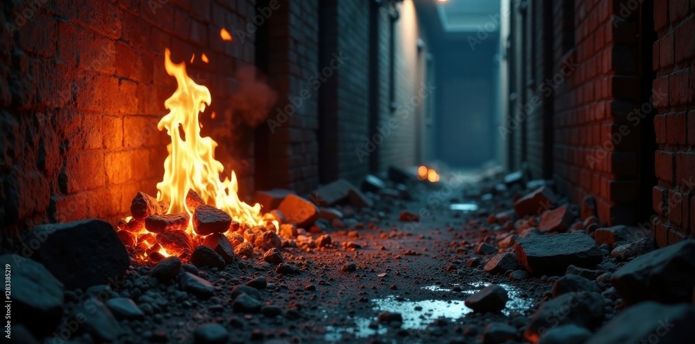 Dense smoldering embers scattered on a dimly lit abandoned alleyway ...