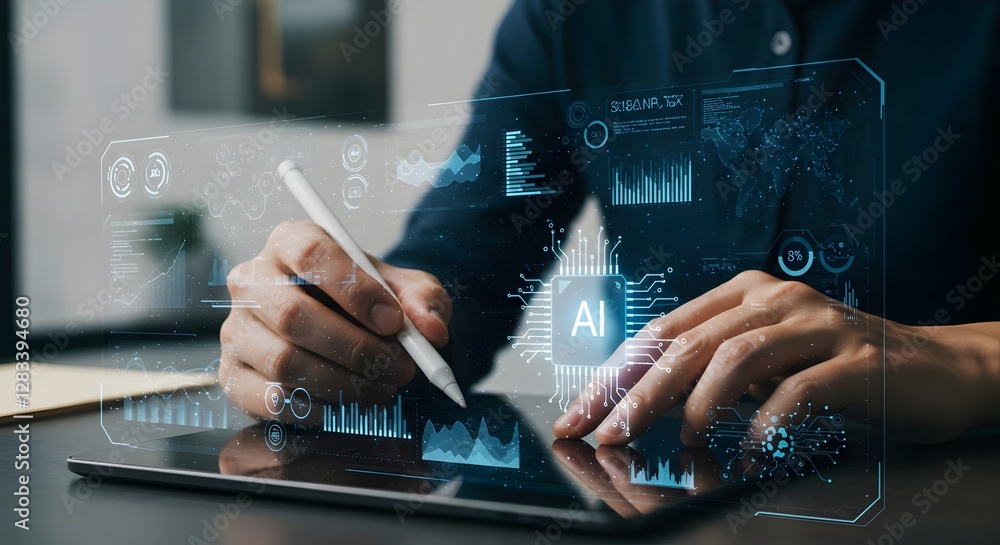 AI image creation technology. Person using digital pen and tablet to AI ...