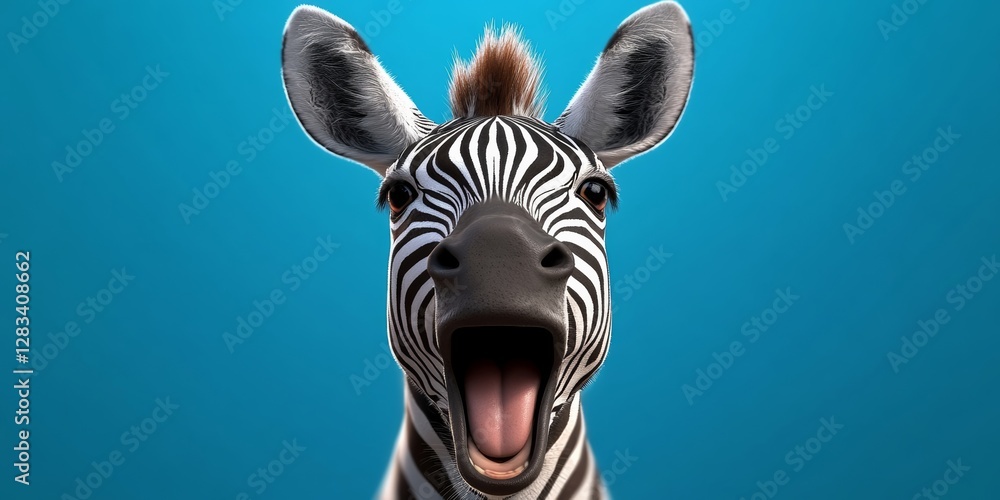 Zebra is smiling and making a funny face. The image is bright and ...