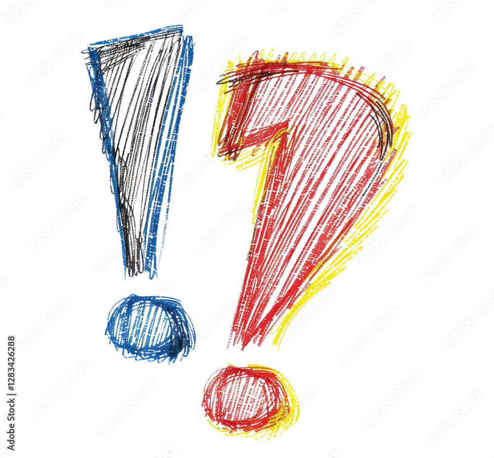 An exclamation mark and question mark drawn with crayon are isolated ...