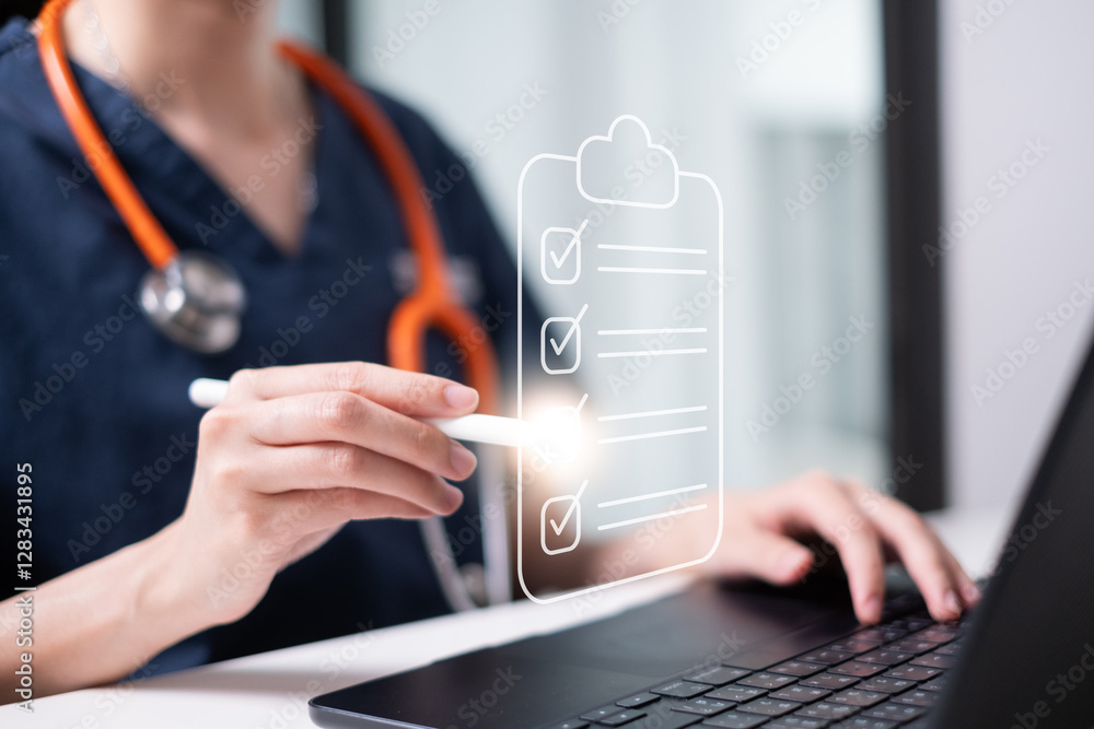 Professional doctor holding checklist clipboard document health care ...