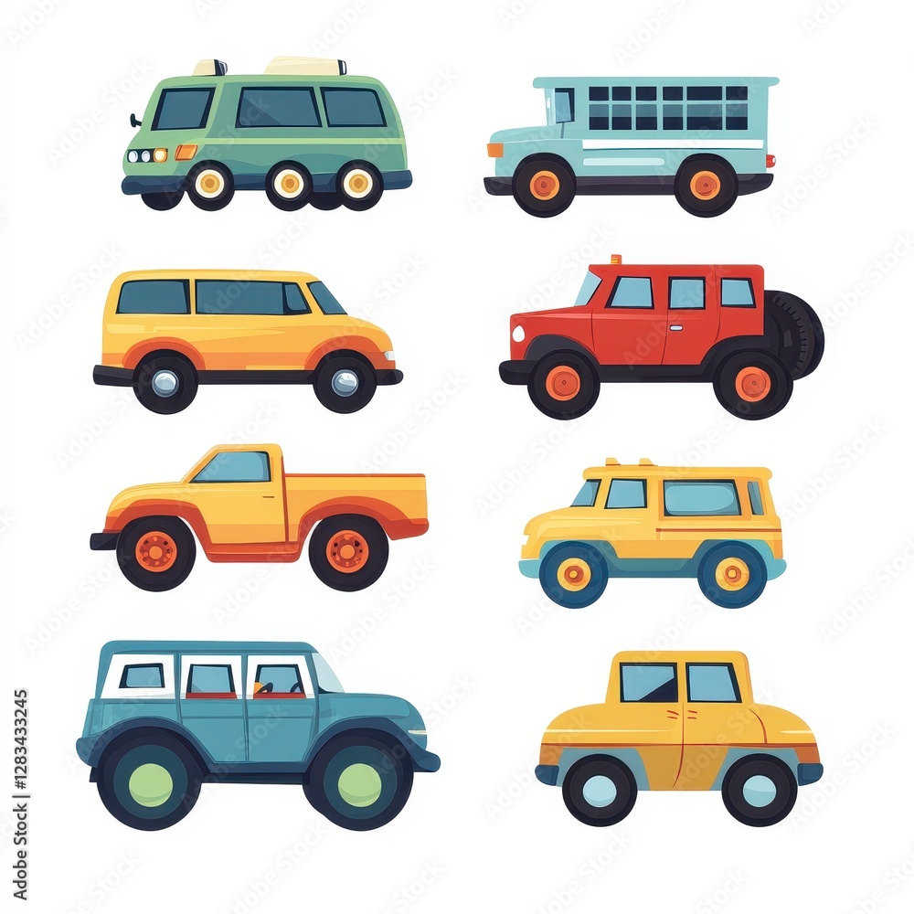 Pixel Art Vehicle Collection Eight Colorful Vans, Trucks, and SUVs ...
