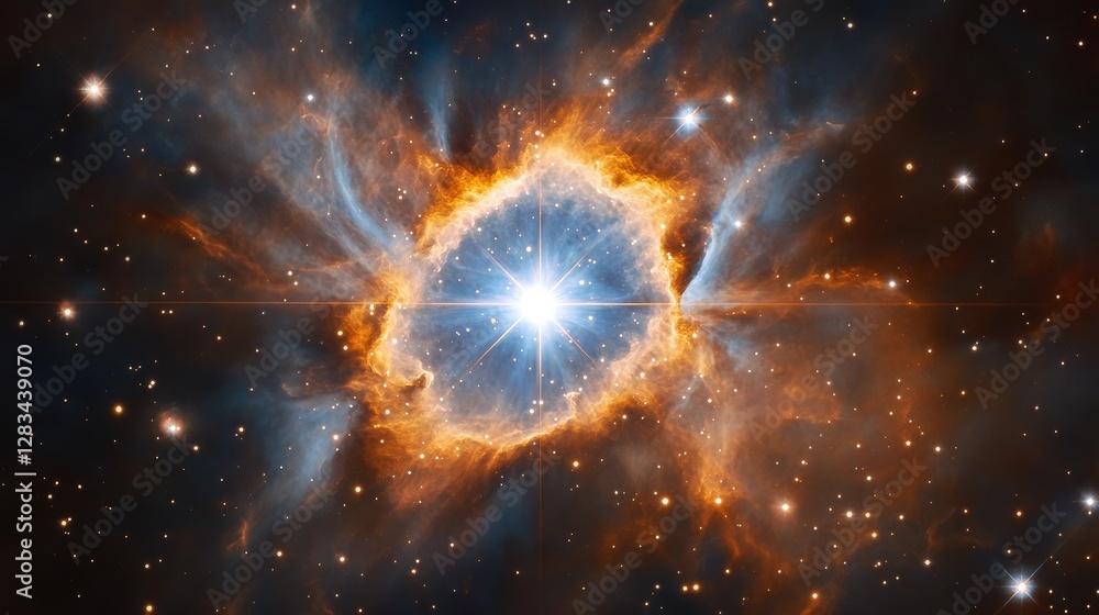distant star being born inside a nebula, its light piercing through the gas and dust ...